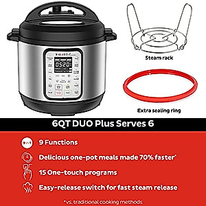 Instant Pot Duo Plus 9-in-1 Electric Pressure Cooker, Slow Cooker, Rice Cooker, Steamer, Sauté, Yogurt Maker, Warmer & Sterilizer, Includes Free App with over 1900 Recipes, Stainless Steel, 6 Quart