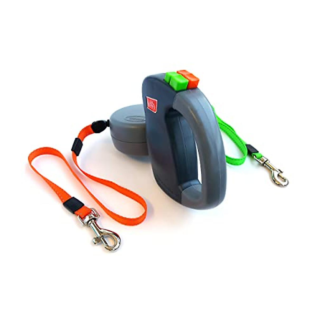 WIGZI (2 Two Dog Reflective Retractable Pet Leash – 360 Degree Zero Tangle Patent - Two Dogs Each up to 50 lbs and 10ft. Reflective Orange and Green Leads. Dual Locking, Small, Gray