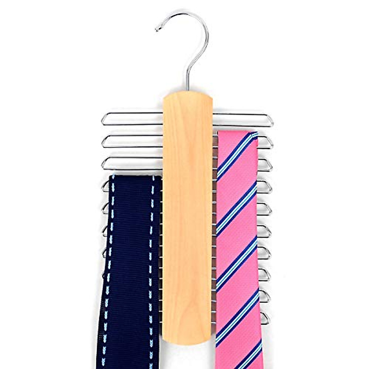 Umo Lorenzo Premium Wooden Necktie and Belt Hanger, Walnut Wood Center Organizer and Storage Rack with a Non-Slip Finish - 20 Hooks