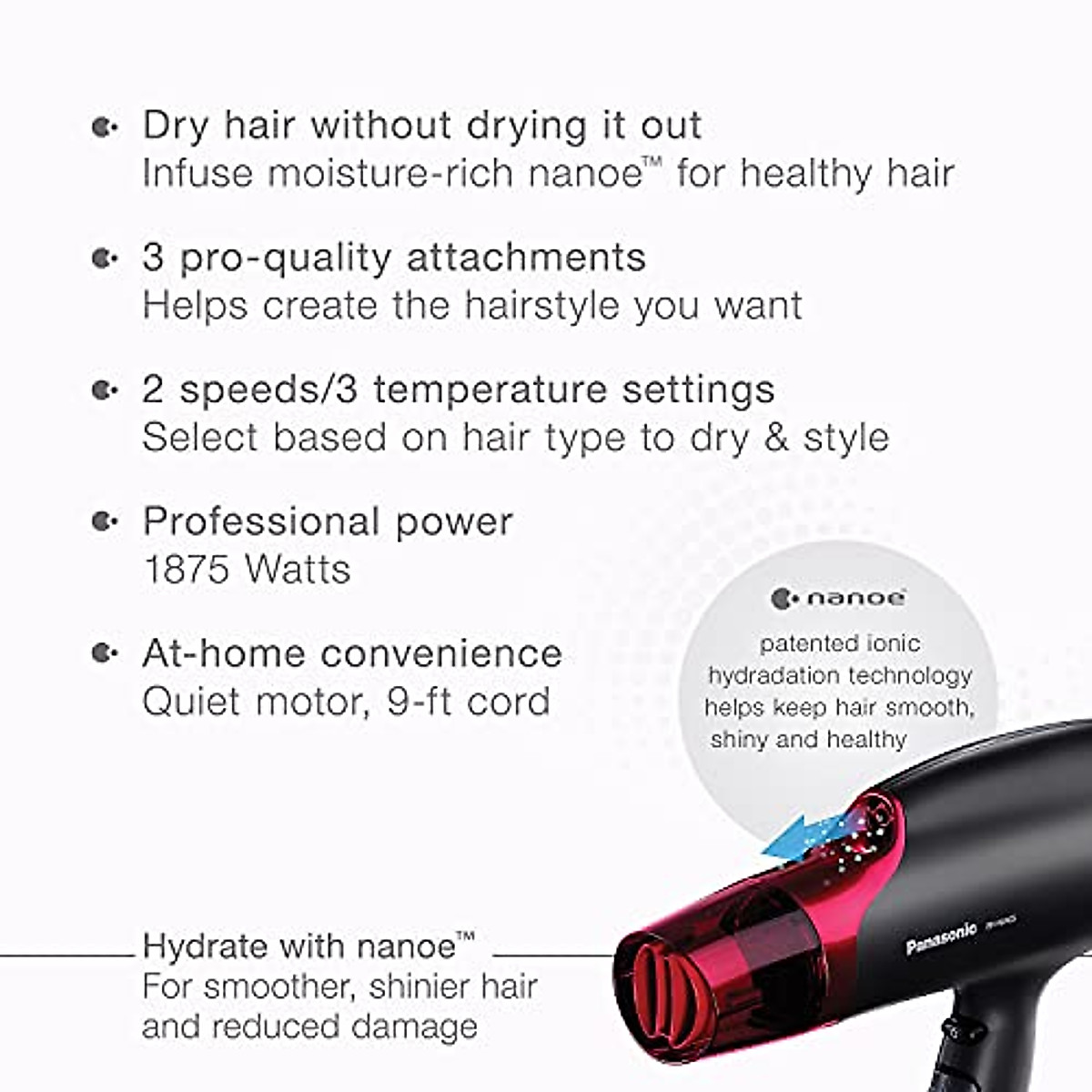 Panasonic Nanoe Hair Dryer, 1875 Watt Professional Blow Dryer for Smooth, Shiny Hair with 3 Attachments Quick Dry Nozzle, Diffuser and Concentrator Nozzle – EH-NA65-K (Black/Pink), Black