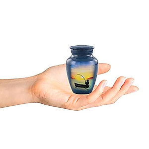 Immortal Memories Fishing Keepsake Urn - Keeksake Cremation for Ashes Token Hand Painted Mini Memorial Sharing with Velvet Case & Bag (Keepsake), Sky Blue