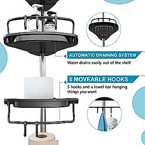 DYN Ptah 6 Tiers 95 to 116 Inch Rustproof Shower Caddy Tension Pole with 5 Shelves + 1 Tower Rack, CornerStanding Constant Tension Pole 304 Stainless Steel Adjustable Height Storage Organizer, Black