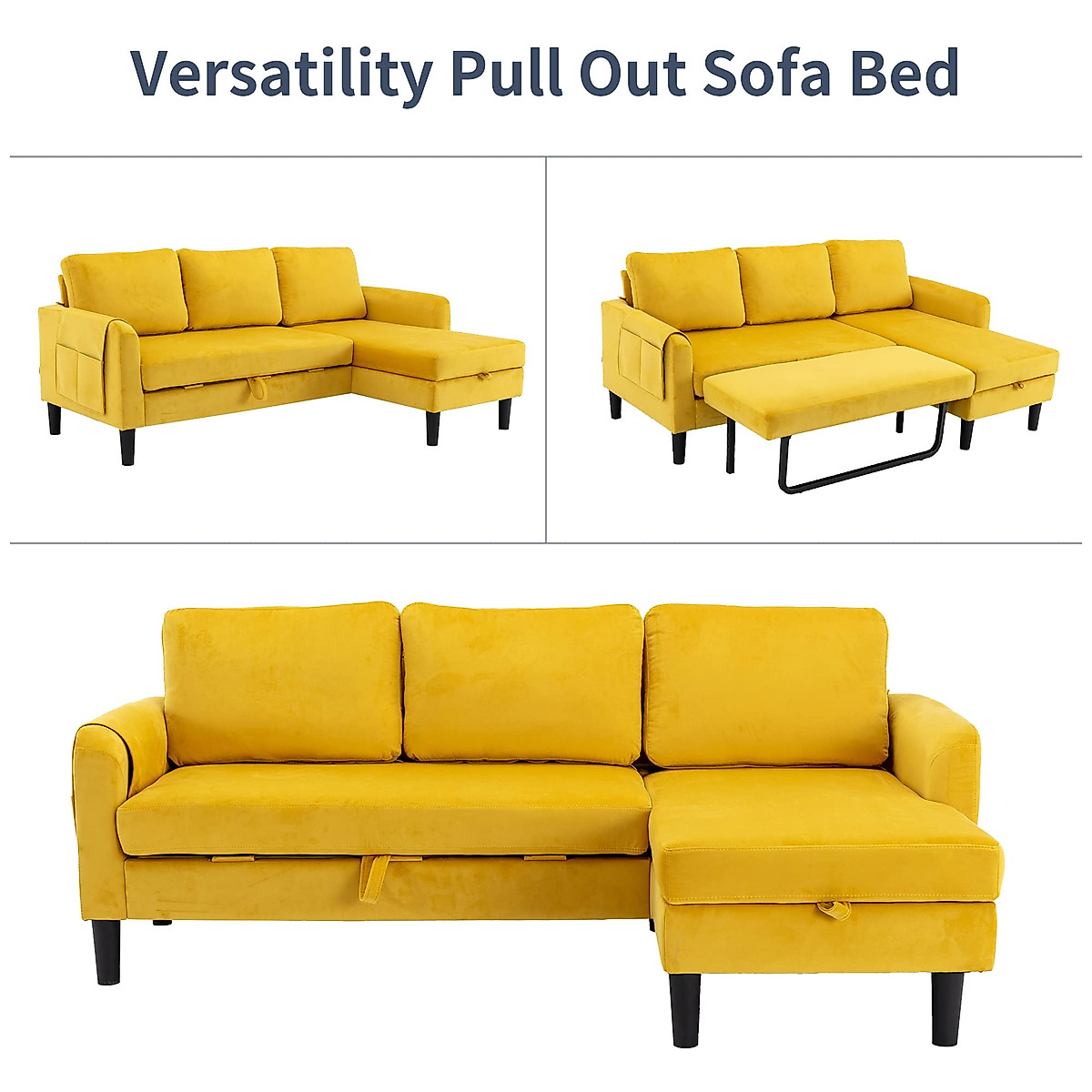 Hdxdkog L-Shaped Sectional Sofa with Pull-Out Bed 72" Sectional Sleeper Sofa Bed with Storage Chaise Lounge and Pocket, Upholstered Corner Couch for Living Room Home Office (Mustard)