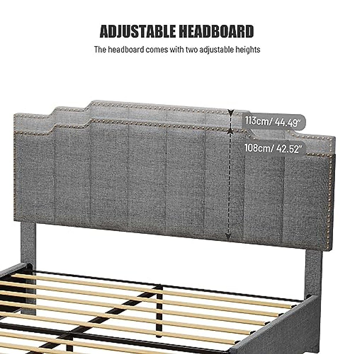 Queen Size Linen Upholstered Platform Bed Frame with 2 Big Drawers, Modern Rivets Design Platform Bed with Stitched Padded Headboard & Wood Slats Support for Bedroom, No Box Spring Needed (Grey)