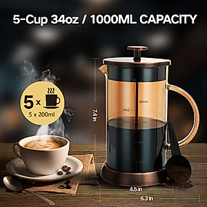 YMMIND 34 Ounce French Press Coffee Maker, 5-Cup Espresso Coffee Maker, Copper Cold Brew Heat Resistant Thickened Borosilicate Coffee Pot with 4 Stainless Steel Filter Screens