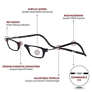 Clic Magnetic Reading Glasses, Adjustable Temple Computer Readers, Original Expandable, (M-XL, Black, 2.00 Magnification)