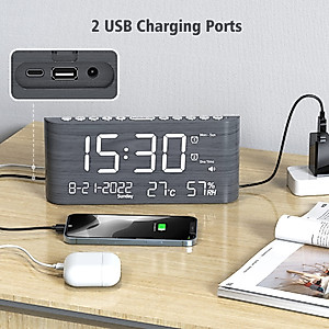 Digital Wooden Alarm Clock with Dual Alarm,Weekday/Weekend Mode,Adjustable Volume,Humidity & Temperature Detect,2-100% Dimmer,12/24H,Snooze,2 USB Chargers,Battery Backup, Loud Alarm Clock for Bedroom
