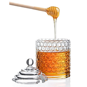 Royalty Art Glass Honey Pot with Beehive Lid and Wooden Dipper, 3 Pc. Set, Decorative Kitchen Accessory and Dispenser, Honeycomb Glassware, Reusable and Washable