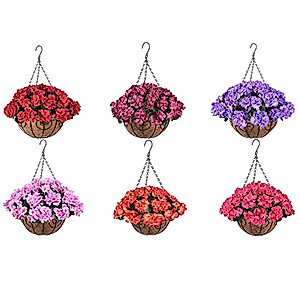 ZFProcess Artificial Flowers Hanging Basket with Begonia Silk Flowers for Outdoor/Indoor, Artificial Plants in Coco Coir Liner Basket Artificial Geranium Flowers for Patio Lawn Garden Decor(Rose Red)