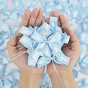 AIMUDI Baby Shower Ribbon Twist Tie Bows 2.5" Premade Blue Bows for Baby Shower Decorations for Boy Pre-Tied Baby Blue Bows for Treat Bags Ribbon for Gender Reveal Bows for Gift Wrapping - 50 Counts