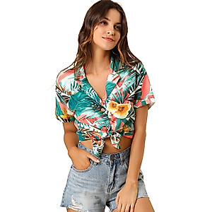 Allegra K Women's Hawaiian Shirt Floral Leaves Printed Short Sleeve Top Tropical Button Down Shirt Summer Fashion 2024 X-Small White