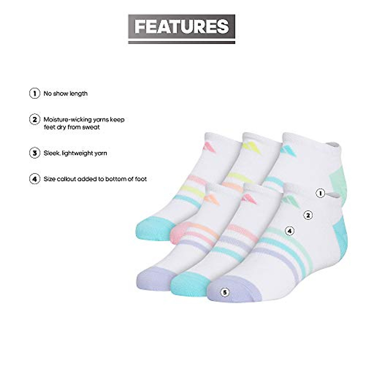 adidas Kids-Girl's Superlite No Show Socks (6-Pair), White/Clear Aqua Blue/Pulse Yellow, Medium