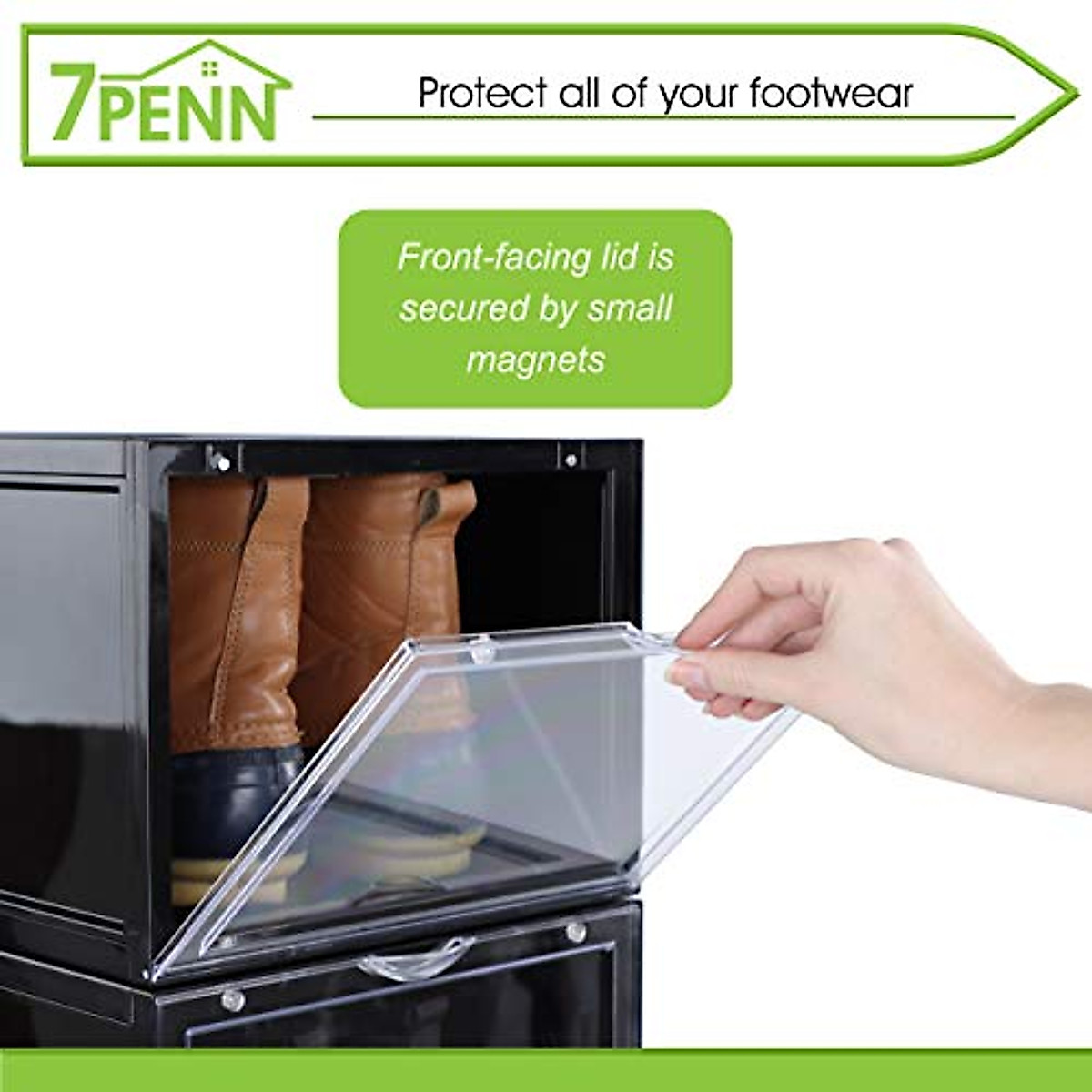 7Penn Plastic Shoe Boxes with Lids 6pk Black - Shoe Storage Containers for Display - Stackable Shoe Organizer