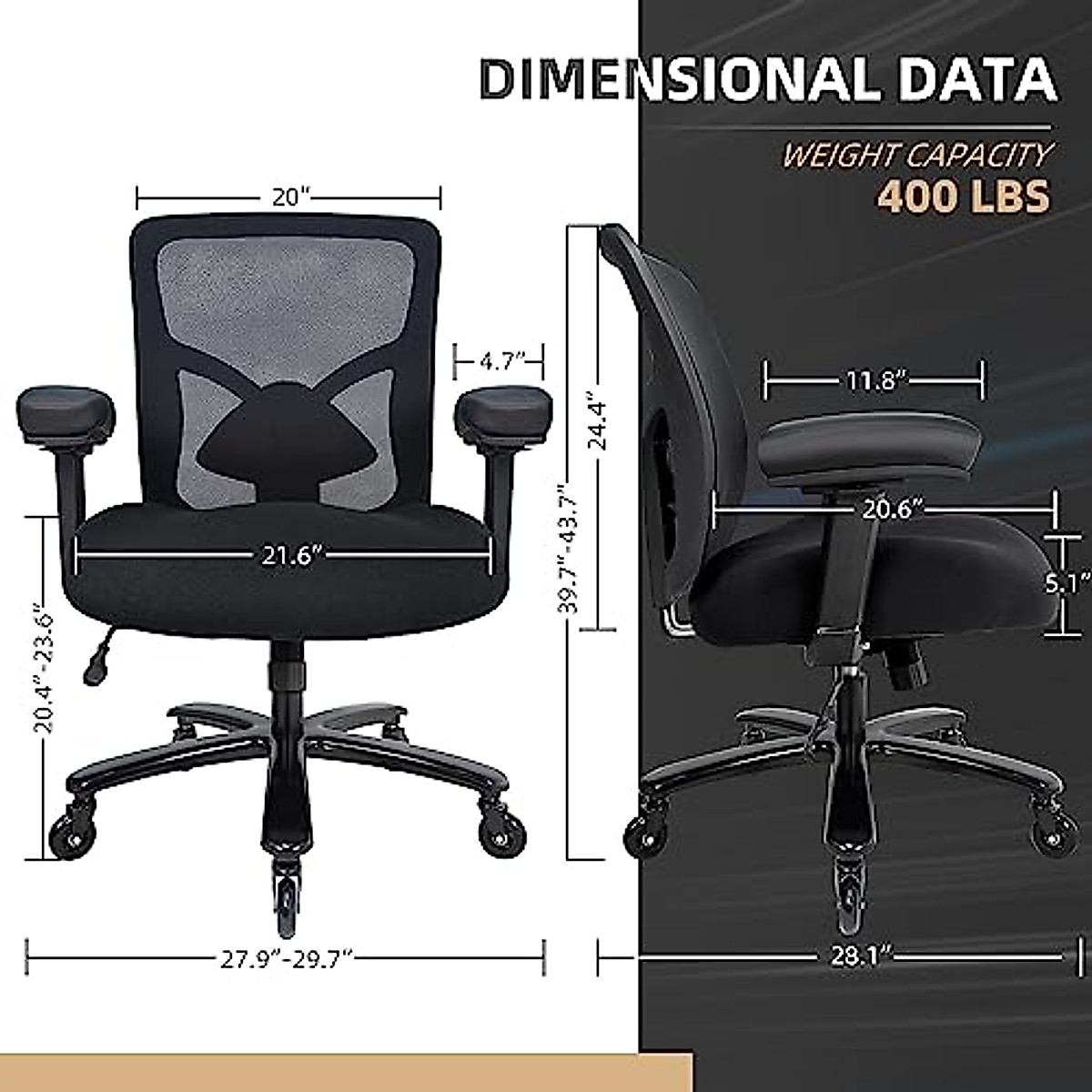 Big and Tall Office Chair 400lbs - Ergonomic Mesh Executive Desk Chair, Heavy Duty Computer Chair-Wide Thick Seat Cushion, Metal Base, Adjustable Lumbar Support, Rubber Blade Wheels, 4D Armrests