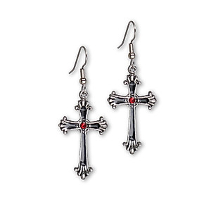 Gothic Victorian Cross Dangle Earrings with Red Austrian Crystals