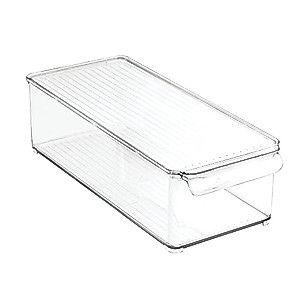 mDesign Slim Plastic Food Storage Container Bin with Lid and Front Handle for Kitchen, Pantry, Cabinet, Fridge and Freezer - Organizer for Snacks, Produce, Vegetables, Pasta, Drinks - Clear