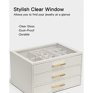 Vlando Jewelry Box for Women, Glass Lid Jewelry Organizer with 3 Drawers for Necklaces Rings Earrings Bracelets Christmas Gift - White