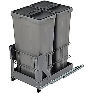 VEVOR Pull-Out Trash Can, 29Qt Double Bins, Under Mount Waste Container with Soft-Close Slides, 66 lbs Load Capacity & Door-Mounted Brackets, Garbage Recycling Bin with Lids for Kitchen Cabinet, Grey
