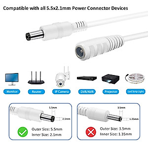 DC 12V Power Extension Cord, Hosafe 33ft White Security Camera Power Adapter Extension Cable, 5.5 * 2.1mm Power Cord Connector for Home Security Camera, Nvr, Router, Switch, Projector
