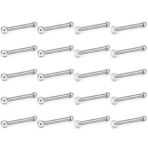 Ftovosyo 20Pcs 316L Stainless Steel Nose Bone Stud Set with Clear Cubic Zirconia 20 Gauge Nostril Rings Pin Piercing Jewelry Women Men 1.5mm