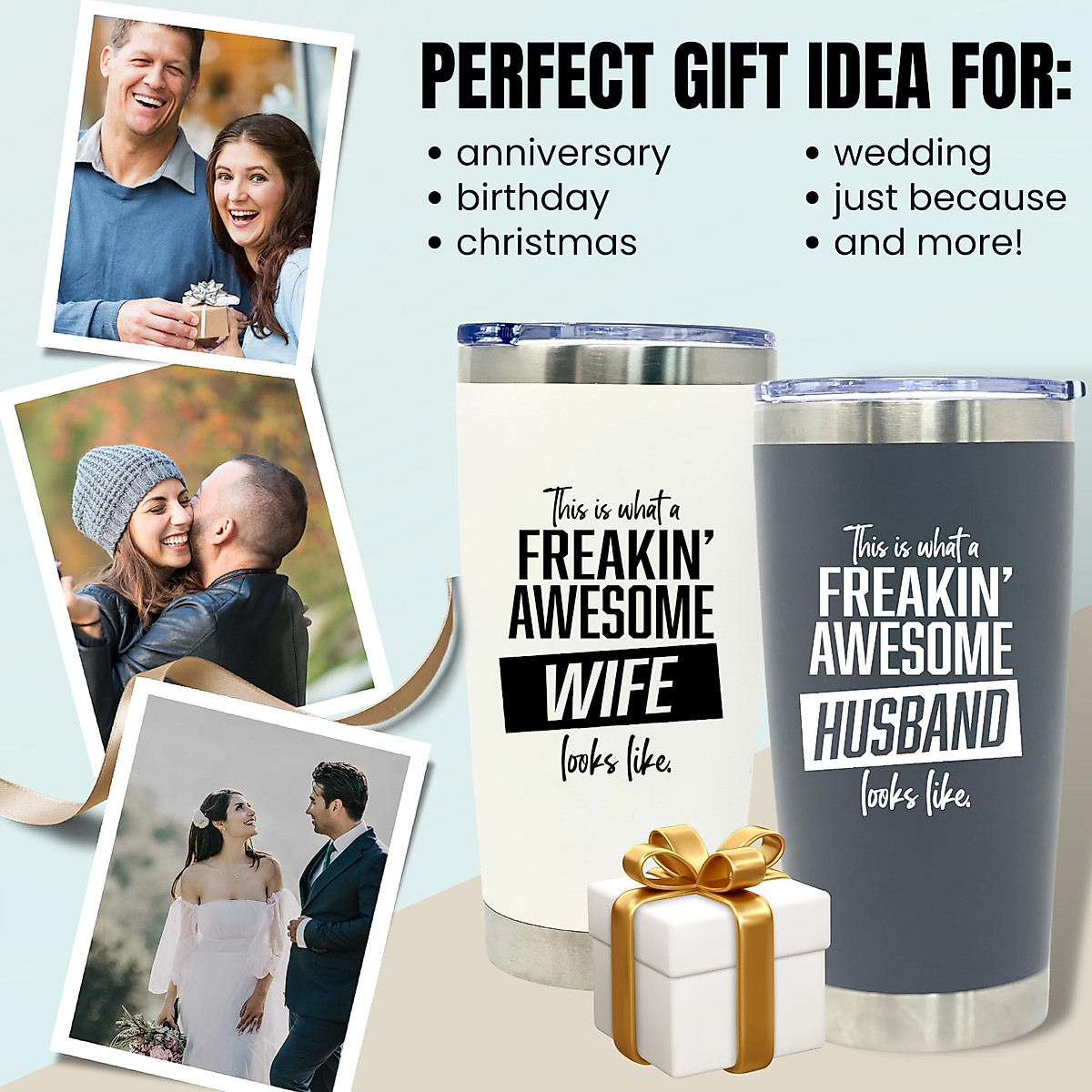 Brooke & Jess Designs Funny Tumbler Gift Set for Husband and Wife - Awesome Wife Cup Husband Tumbler Coffee Mug - Great Travel Cup Gifts for Husbands and Wives, Birthday Presents for Her, Him