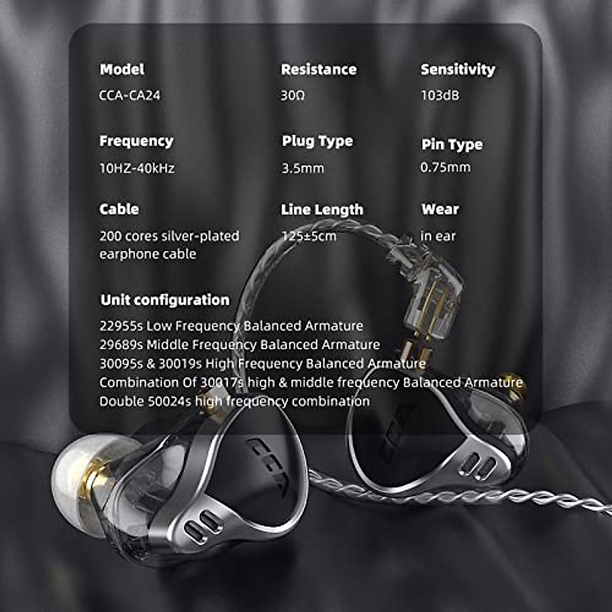 CCA CA24 in-Ear Monitors, 12 BA One Side HiFi in-Ear Earphones with Zinc Alloy Surface Resin Housing, HiFi Stereo IEM Wired Earphones/Earbuds/Headphones for Musician Audiophile(Black with Mic) …