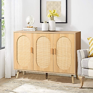 DESIGNSCAPE3D Modern Rattan Shoe Storage Cabinet with Adjustable Shelves - Stylish Furniture and Decor for Living Room, Bedroom, and Hallway