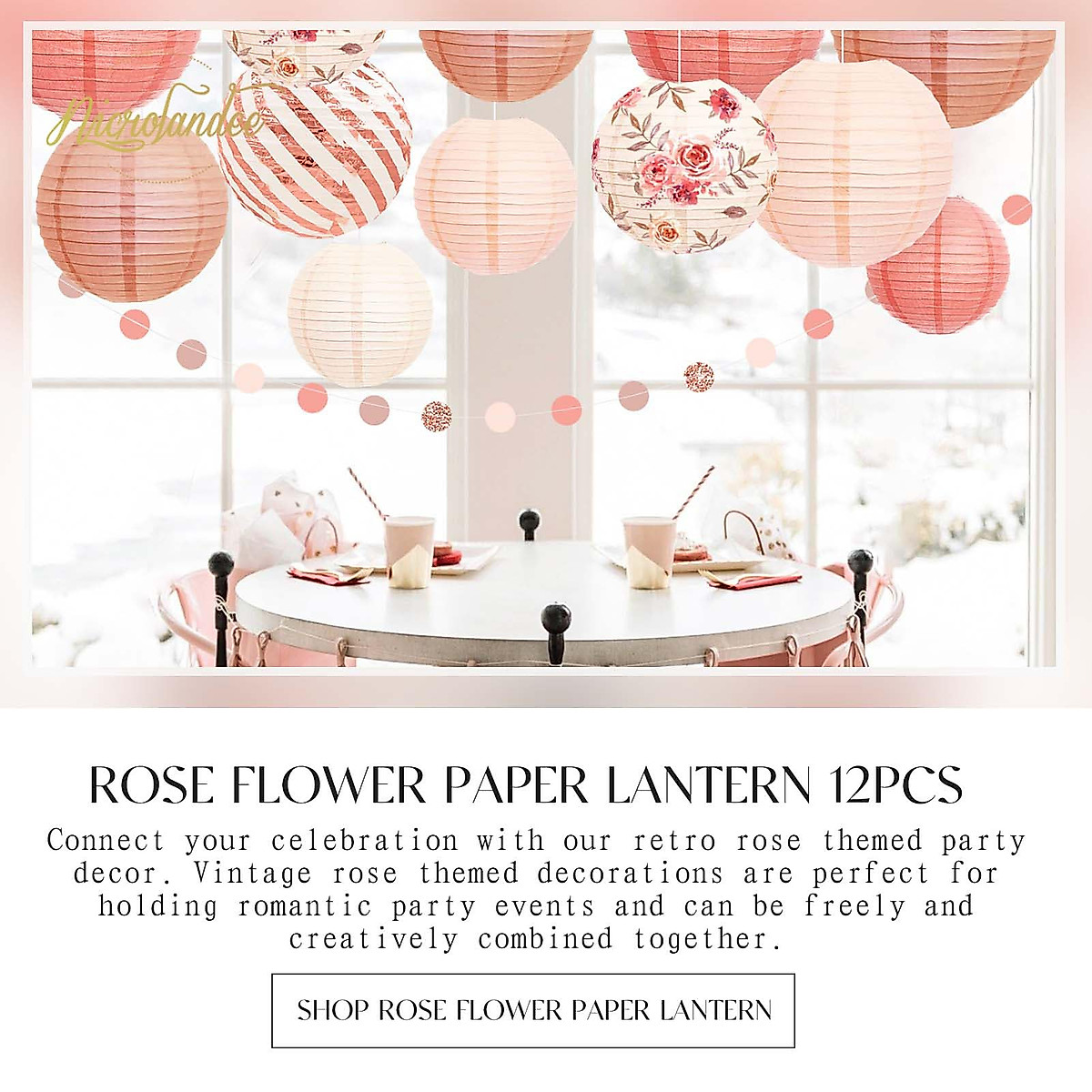 NICROLANDEE Wedding Party Decorations - 12PCS Rose Gold Vintage Floral Paper Lanterns Hanging Decorations for Engagement, Anniversary, Bridal Shower, Baby Shower, Bachelorette, Birthday Party