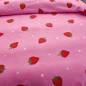 Lightweight Hotel Luxury Duvet Cover 3 Piece Set-Kids Kawaii Cute Fruit Strawberry Ultra Soft Premium Microfiber Breathable Comforter Cover with Zipper Closure, Corner Ties Full/Queen (90x90 inches) …