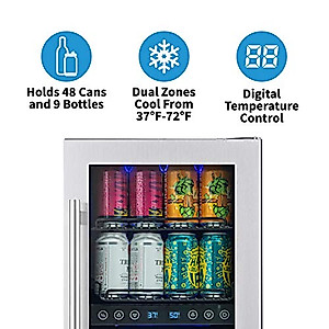 NewAir 15” Wine, Beer, Beverage Refrigerator Cooler | 9 Bottle, 48 Can Capacity | Stainless Steel Built-in or Freestanding Dual Zone Drink Fridge |Triple-Pane Glass Door, Digital Temperature Control