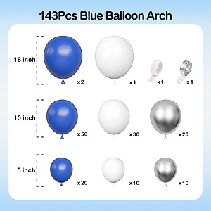 Dark Blue White Silver Balloons Arch Garland Kit-143Pcs Blue Balloon for Birthday Anniversary New Years Baby Shower Engagement Wedding Retirement Party Decoration