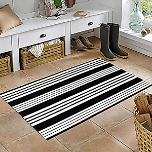 OJIA Cotton Black and White Striped Rug 24'' x 51'' Hand-Woven Indoor/Outdoor Area Rug Layered Door Mats for Front Porch/Entryway/Laundry Room/Bedroom/Outdoor