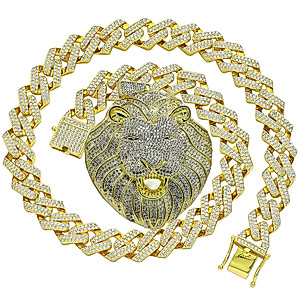 MAXBLING81 FASHION HIP HOP RAPPER STYLE ICED SIMULATED DIAMOND GOLD SILVER PLATED JUMBO LARGE LION HEAD CHARM PENDANT & 14mm 18" 20" 24" ZIG ZAG CUBAN BOX LOCK CHAIN NECKLACE GIFT (24" CHAIN, GOLD)