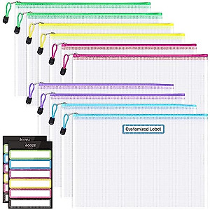 Sooez 10 Pack Mesh Zipper Pouch with Sticky Labels, A4 Size Mesh Bags for Board Game & Puzzles Organizing Storage, Durable Letter Size File Bags for Office Classroom Organization, 5 Assorted Colors