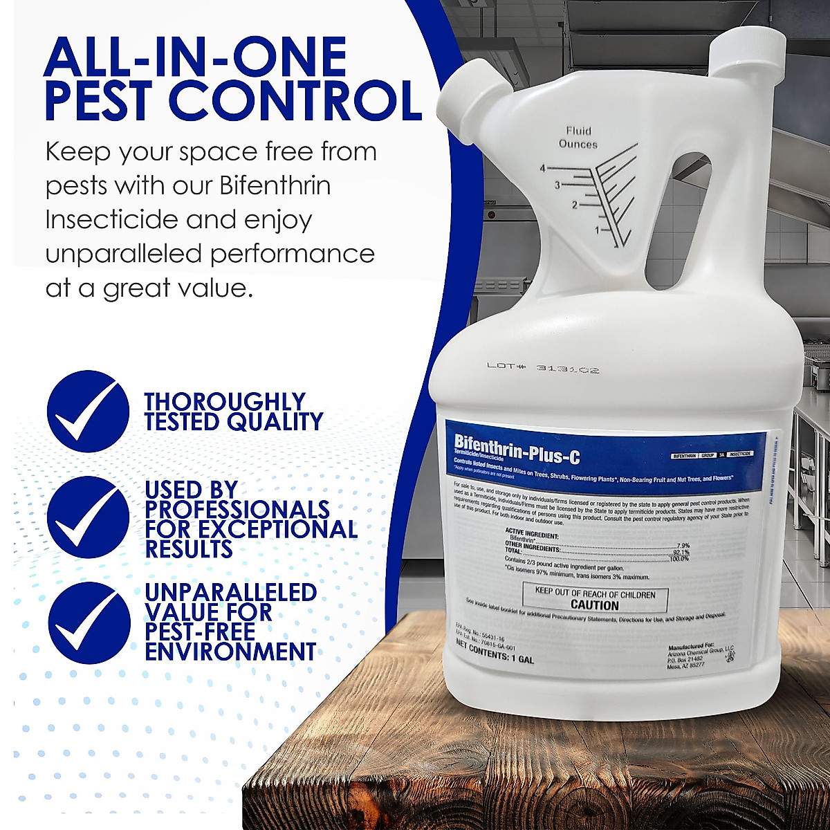 Bifenthrin-Plus-C Insecticide (1 Gal) - Roach Killer Indoor Infestation, Termite Treatment, Ant Control & Wasp Spray - Home Defense Pest Control, Residential, Commercial, and Industrial Use