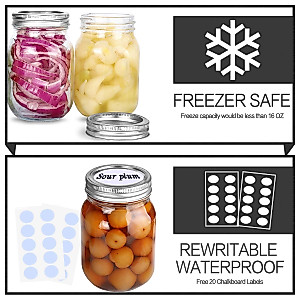 KAMOTA Mason Jars 16 oz With Regular Lids and Bands, Ideal for Jam, Honey, Wedding Favors, Shower Favors,DIY Spice Jars, 18 PACK, 20 Whiteboard Labels Included