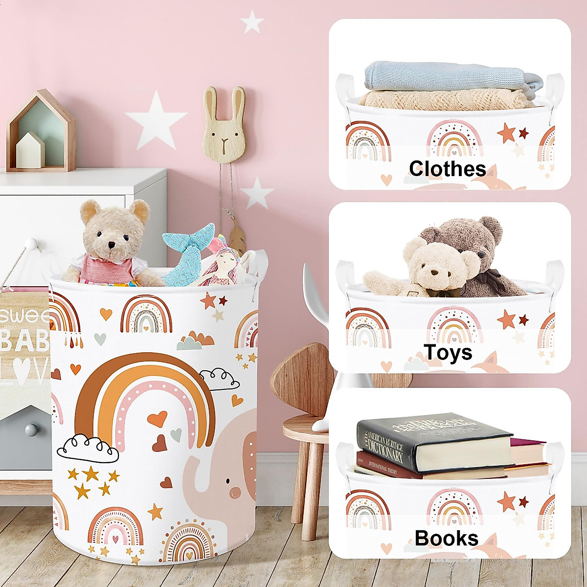 Clastyle 45L Boho Rainbow Animal Laundry Hamper Fox Elephant Heart Star Pink Laundry Basket Dirty Clothes Hamper for Girls Large Round Toy Basket for Nursery