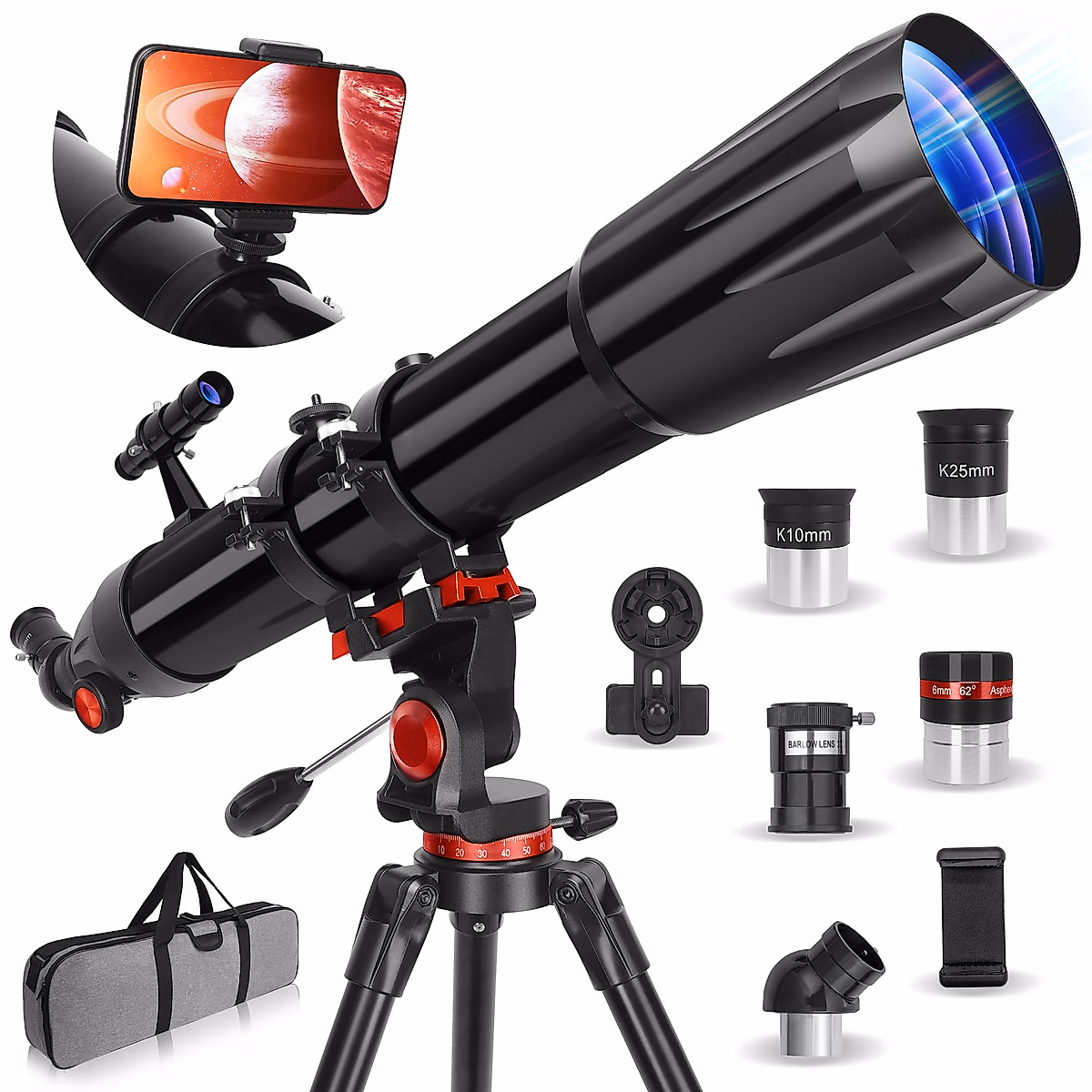 Telescope,Telescope for Adults High Powered, 90mm Aperture 900mm Professional Refractor Telescopes for Kids & Beginners, Magnification 450X,for Planet Observation with Stainless Tripod & Phone Adapter