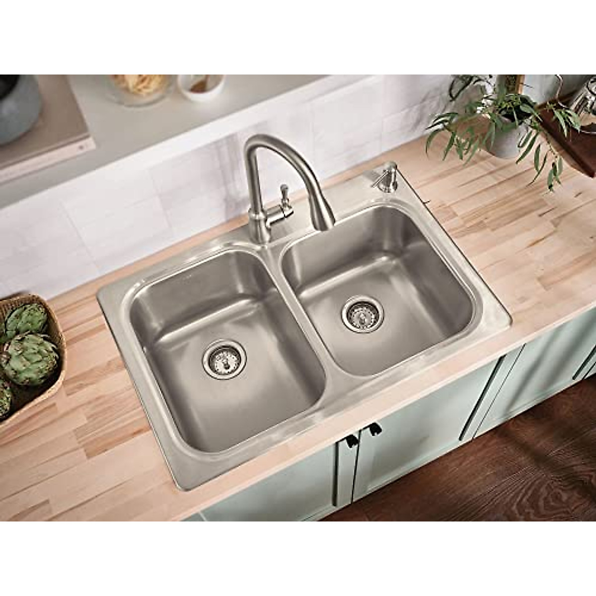 Moen Lainie Stainless Dual-Mount 22-Inch x 33-Inch Stainless Steel Kitchen Sink with Pulldown Kitchen Faucet and Soap Dispenser, All-in-One Kit, 21689