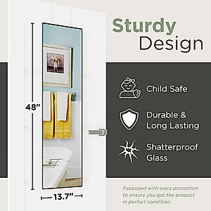 Mirrotek - Full Length Adjustable Over The Door Mirror Black Aluminum Finish - Hanging Instant Install Long Full Body Mirror for Bedroom, Dorm Room