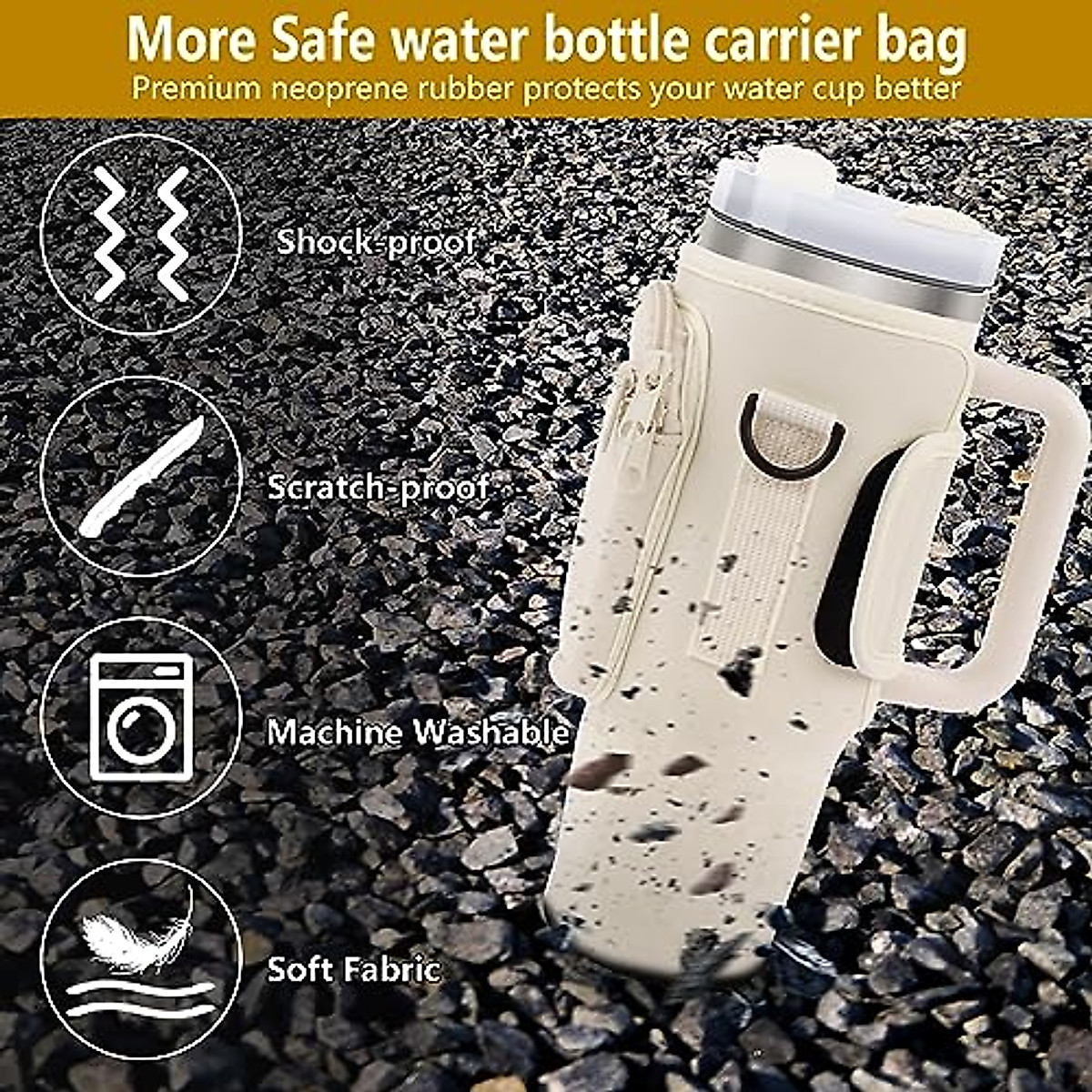 UQM Water Bottle Carrier Bag for Stanley 40 Oz Tumbler with Handle, Water Bottle Holder with Adjustable Shoulder Strap, Stanley Cup Accessories for Hiking Travelling Camping (Cream)