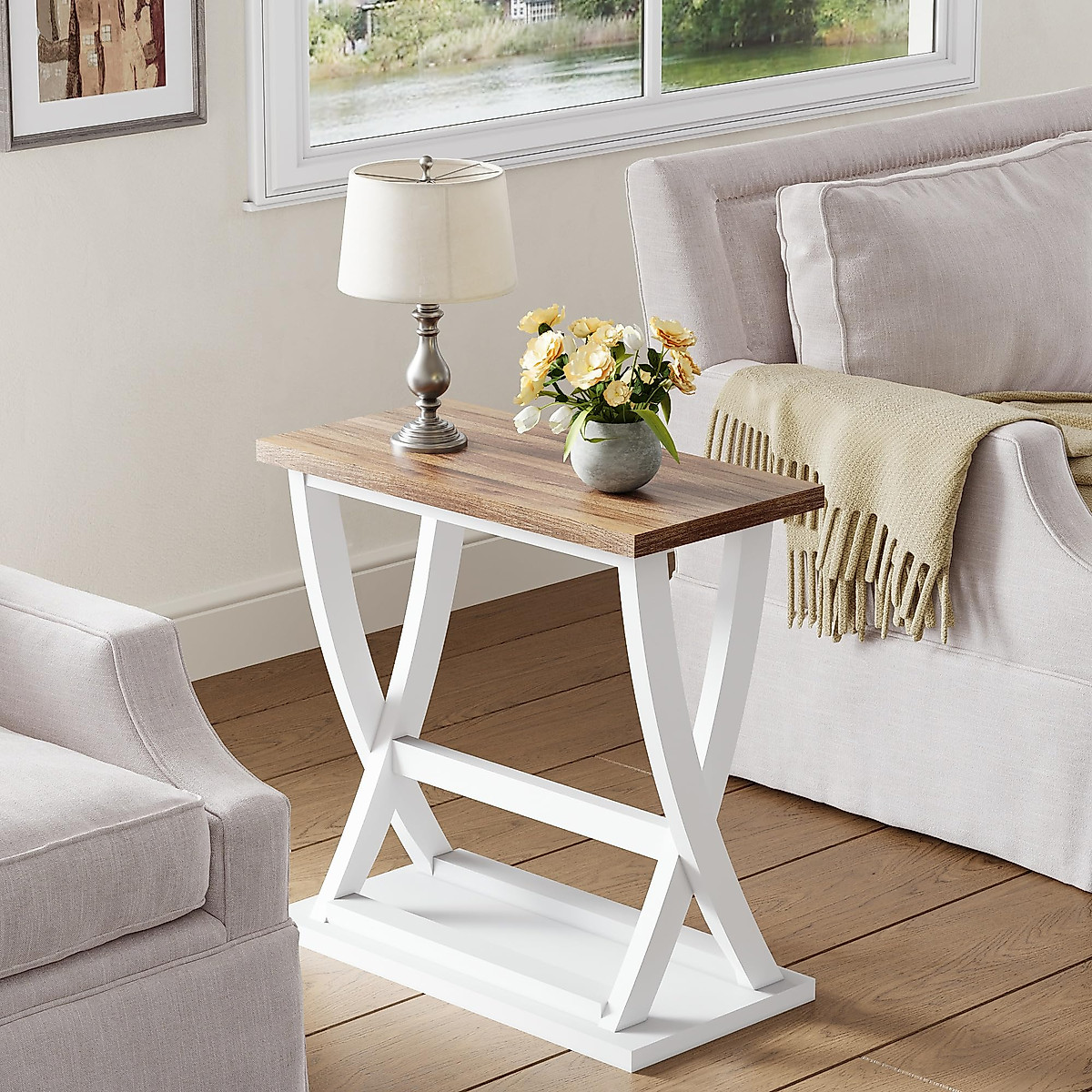 ChooChoo Farmhouse End Table Set of 2, Narrow Side Table with Storage Shelf, Modern X-Design Slim End Table for Living Room, Bedroom, Small Space, 11.8" D*23.6" W*23.4" D