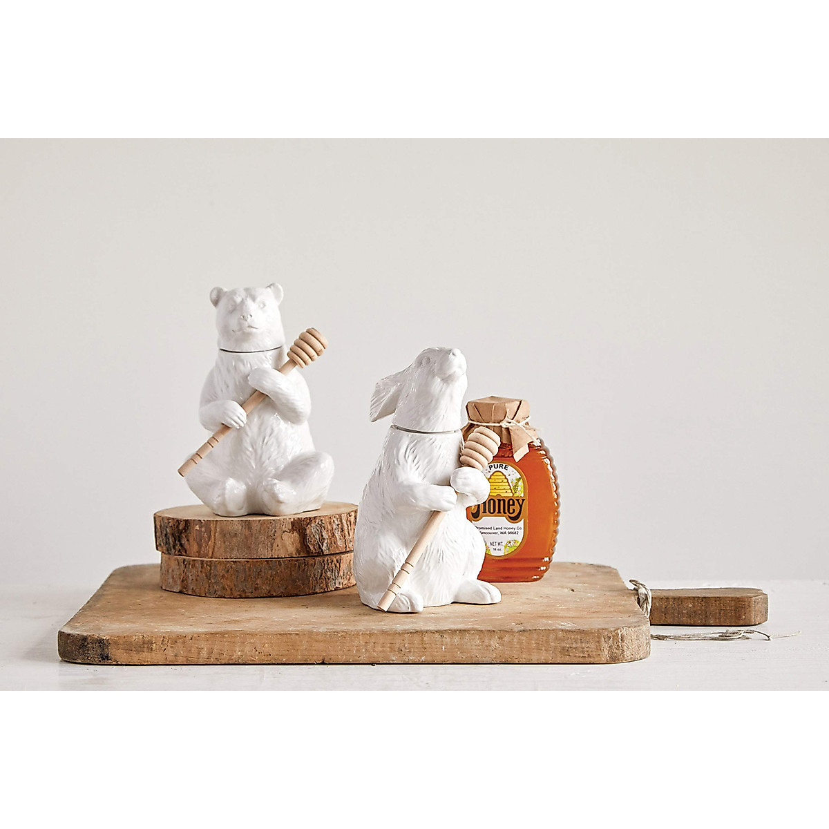 Creative Co-Op White Bear Shaped Honey Pot with Lid & Bamboo Dipper