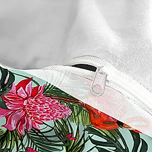 Quilt Cover Full Size Pink Flamingo 3D Bedding Sets Palm Leaves Duvet Cover Breathable Hypoallergenic Stain Wrinkle Resistant Microfiber with Zipper Closure,beding Set with 2 Pillowcase