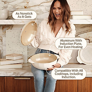 Cravings by Chrissy Teigen The Perfect Pan Dutch Oven with Lid 5.3 Quart, Matte Enamel Finish, Stainless Steel Knob, Steamer Basket Included, Oven Safe up to 450°F