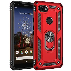 Military Grade Drop Impact for Google Pixel 3A XL Case 360 Metal Rotating Ring Kickstand Holder Magnetic Car Mount Armor Shockproof Case for Google Pixel 3A XL Phone Protection Case (Red)