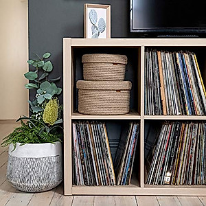 DENJA & CO Round Baskets with Lids - Set of 2 Decorative Jute Baskets with Lids for Organizing - Natural Jute Rope Lidded Baskets with Genuine Leather Tabs - Storage Baskets with Lids