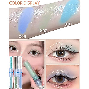 LYSdefeu 2 in 1 Long Lasting Glitter Liquid Matte Eye shadow, Green Blue Shimmer Liquid EyeShadow Kit – 3 Pcs High Pigmented Velvet Cream Eyeshadow Eyeliner Stick, Create Korean Eye Makeup