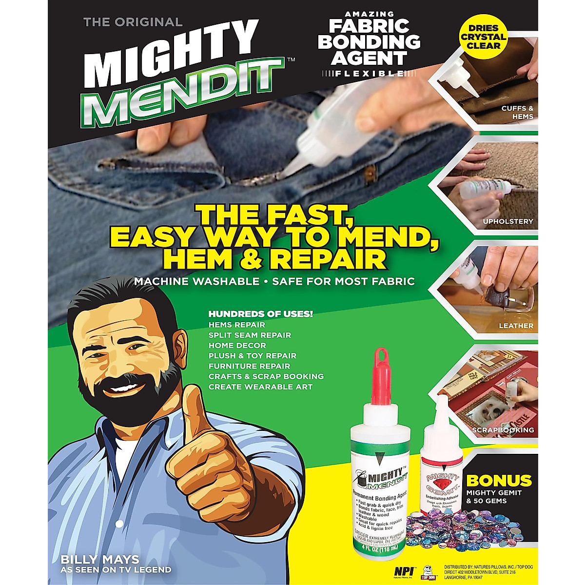 Mighty MENDIT™, Permanent Fabric Adhesive, Flexible Stretchable Washable, Clear, 4 oz, Plus Mighty GEMIT™, Embellishing Adhesive, 1 oz. Includes 50 Gems
