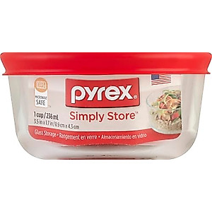 Pyrex Simply Store 1-Cup Single Glass Food Storage Container with Lid, Non-Pourous Glass Round Meal Prep Container with Lid, BPA-Free Lid, Dishwasher, Microwave, Oven and Freezer Safe
